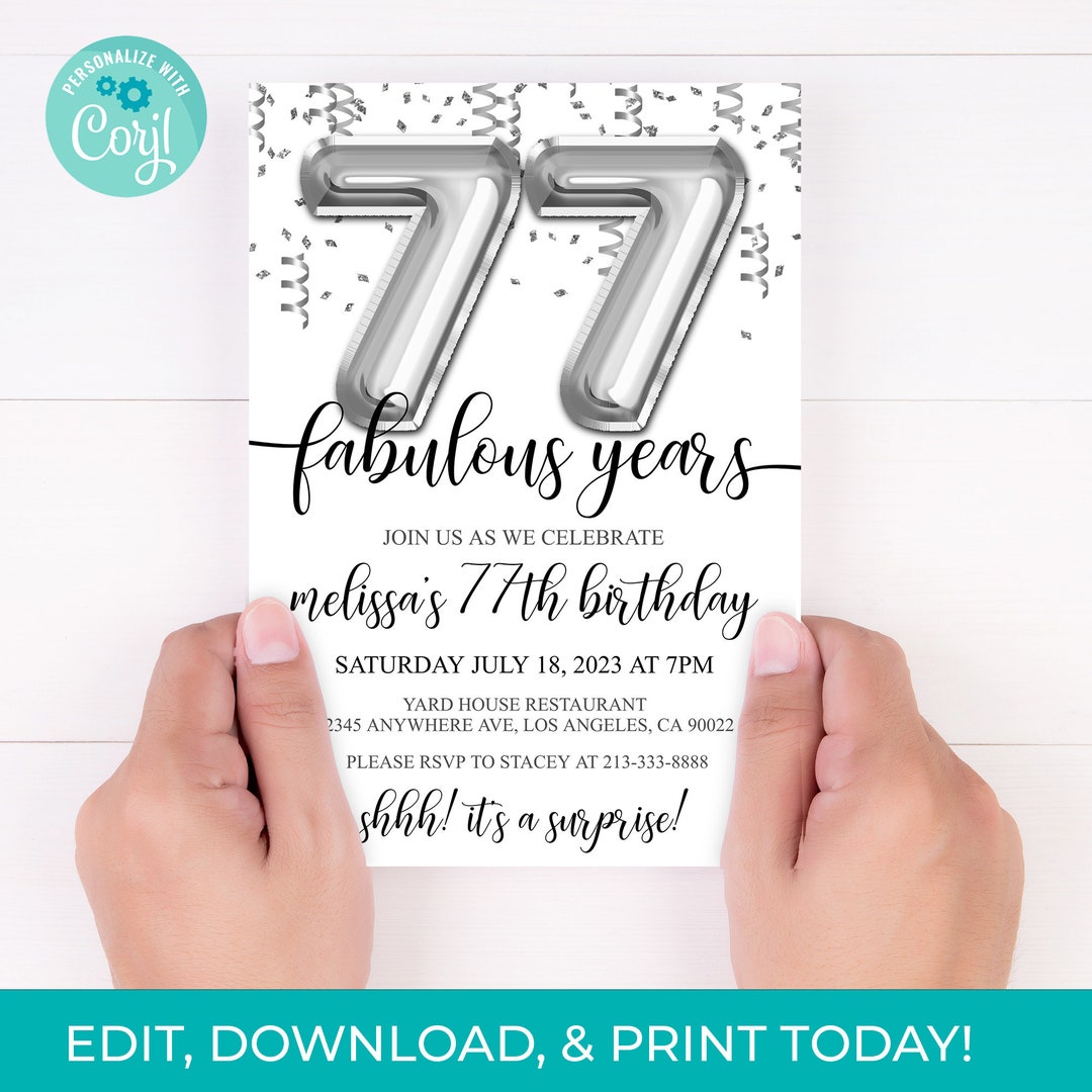 77th Birthday Editable Invitation 77th Invite Silver Balloons Party ...