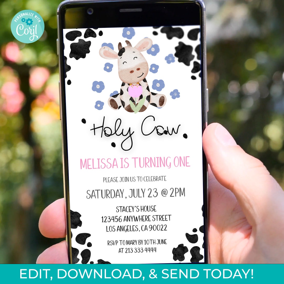 Editable Holy Cow First Birthday Invitation Template, Electronic Cow ...