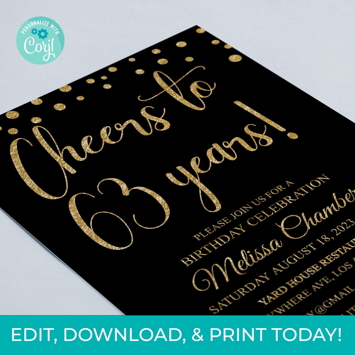63rd Birthday Invitation, Black Gold Glitter (digital Download) - Etsy
