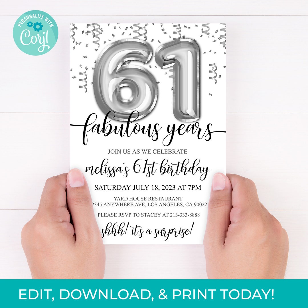 61st Birthday Editable Invitation 61st Invite Silver Balloons Party ...