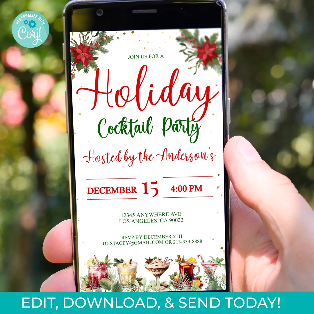 Editable Holiday Cocktail Party Digital Invitation, Christmas Theme ...