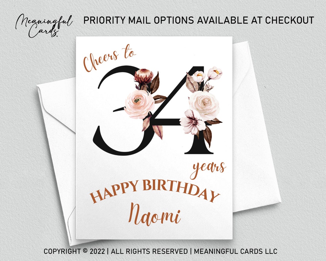 34th Birthday Card Personalized Birthday Card, Cheers to 34 Years ...