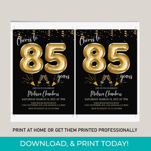 85th Birthday Editable Invitation 85th Invite Gold Invitation, Balloons ...