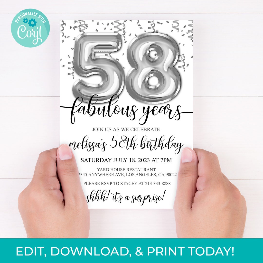 58th Birthday Editable Invitation 58th Invite Silver Balloons Party ...