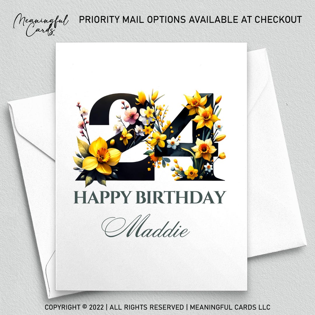 Personalized 24th Birthday Card Floral Design, Customized Twenty Fourth ...