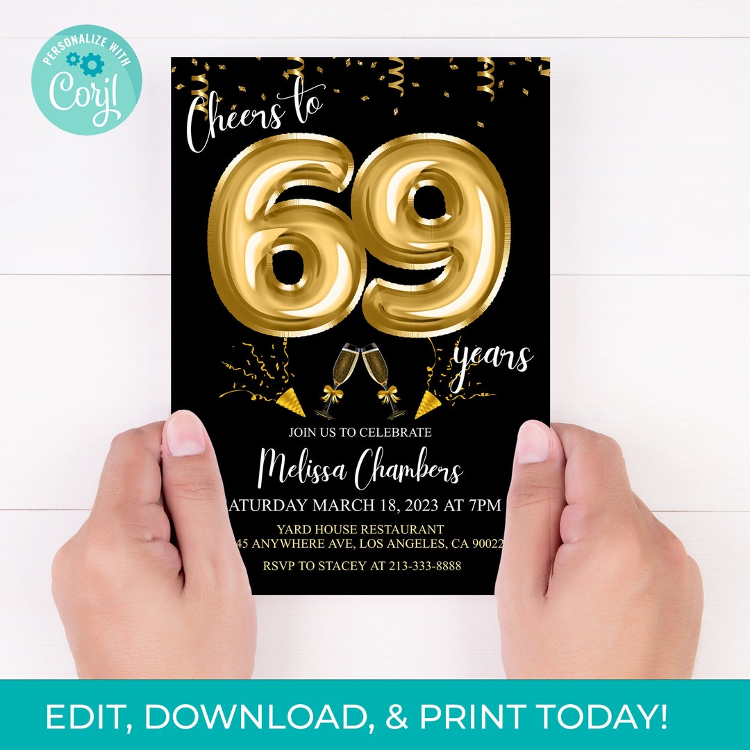 69th Birthday Invitation, Black and Gold Balloons (digital Download) - Etsy