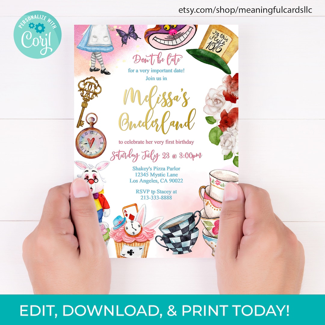 Editable Alice in Onderland Birthday Invitation Girl First Birthday 1st ...