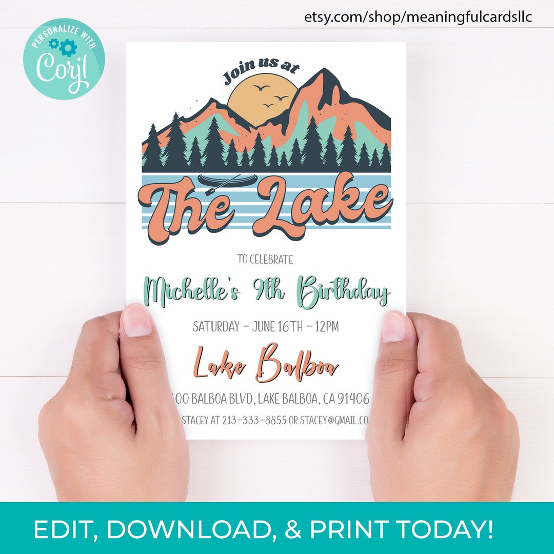 Editable Lake Birthday Party Invitation Boat Lake Birthday Party Summer ...