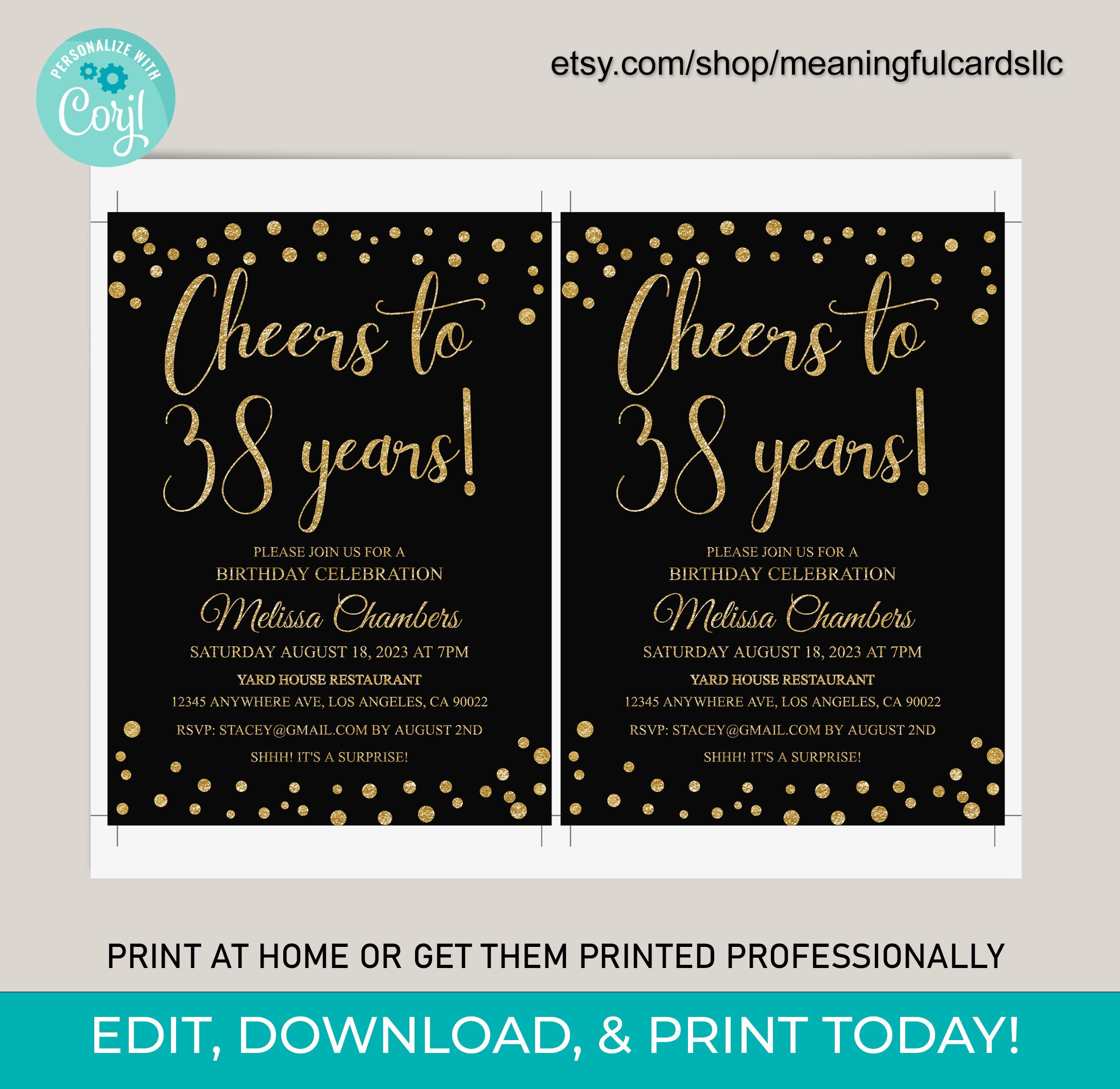 38th Birthday Invitation, Black Gold Glitter, Editable (digital ...