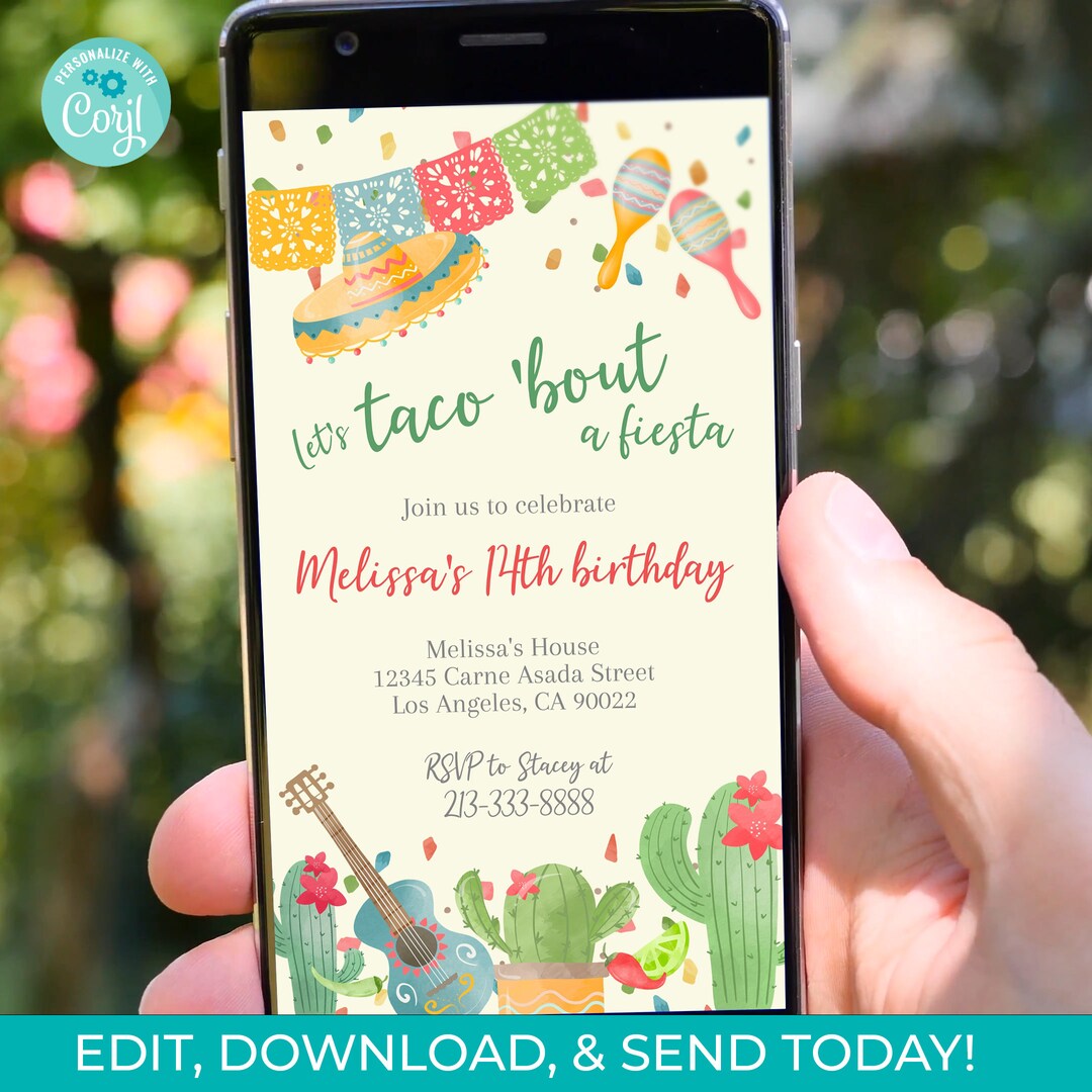 Editable Fiesta Birthday Invitation, Taco 'bout a Party (digital ...