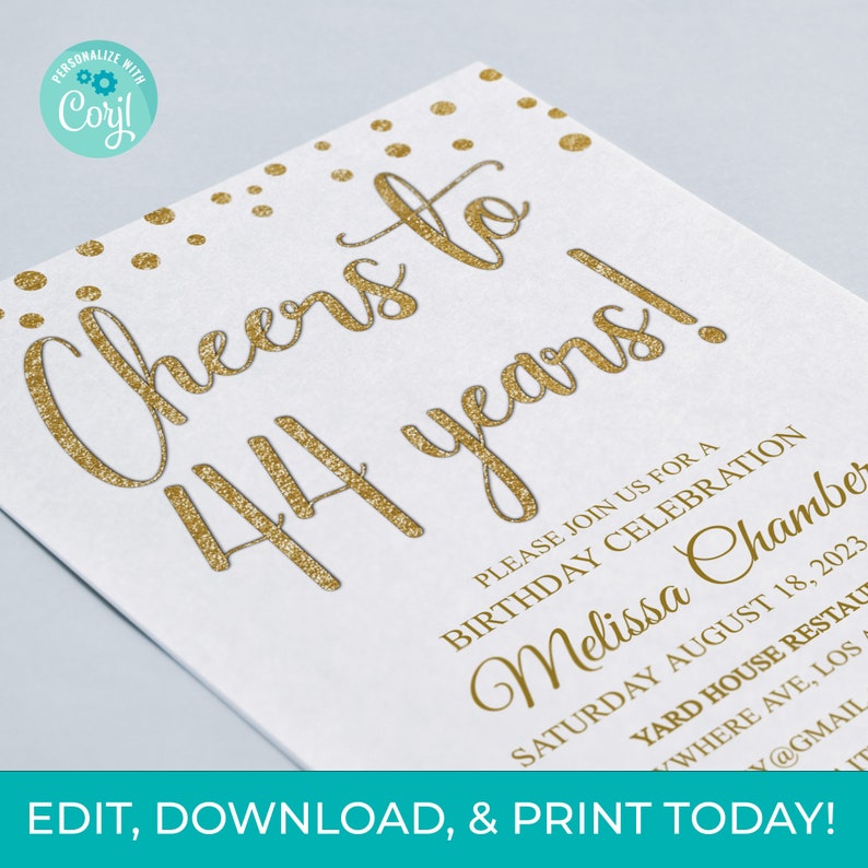 Gold Glitter 44th Birthday Invitation, Editable Printable (digital ...