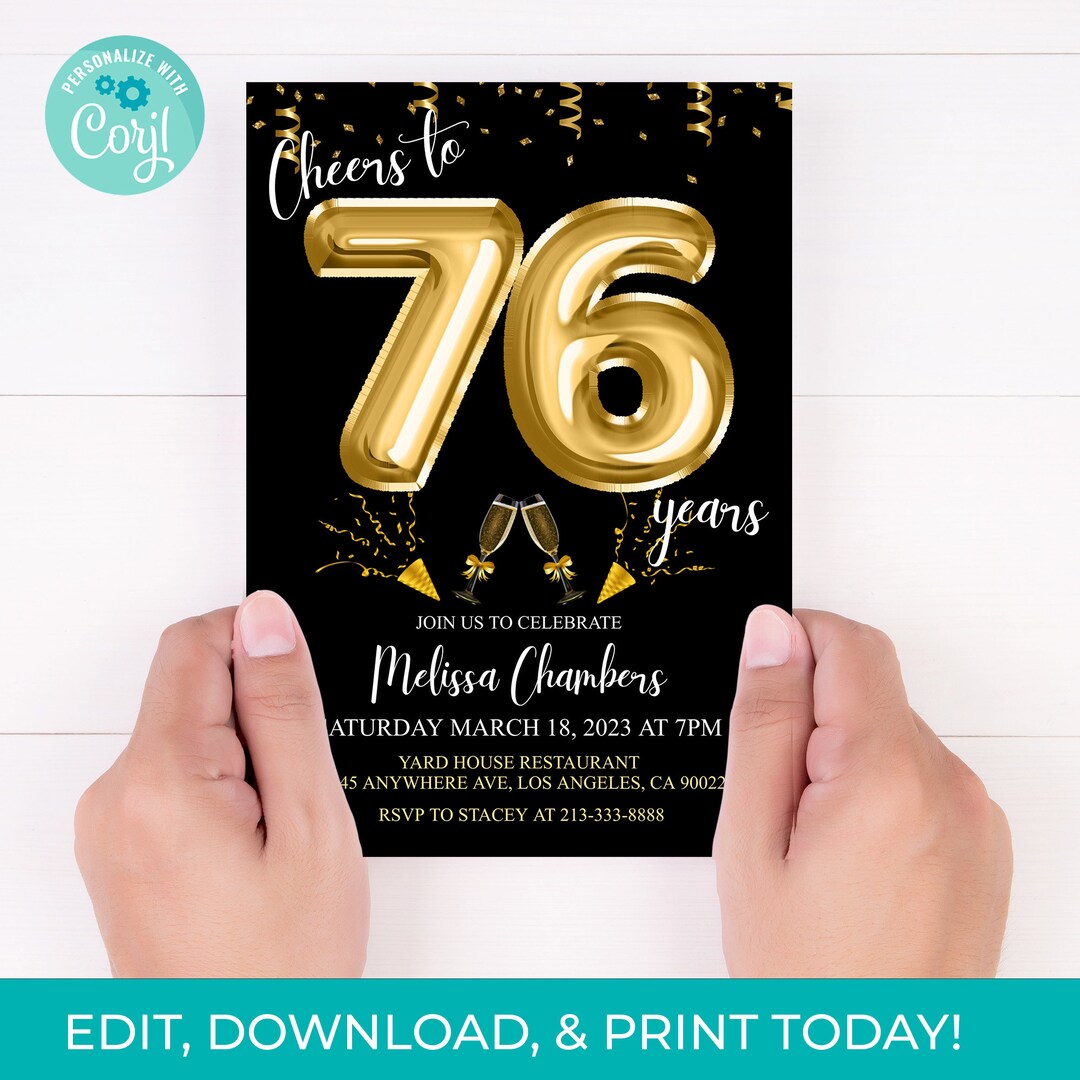 76th Birthday Invitation 76th Invite Black Gold Balloons Invitation ...