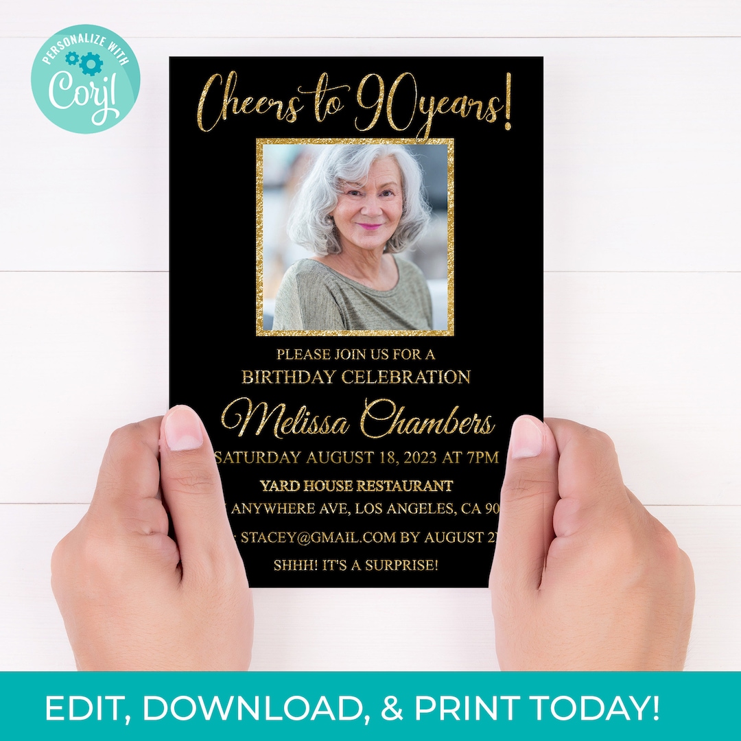90th Birthday Invitation With Photo 90th Invite Black Gold Digital ...