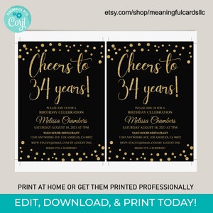 34th Birthday Invitation 34th Invite Black Gold Glitter Invitation ...