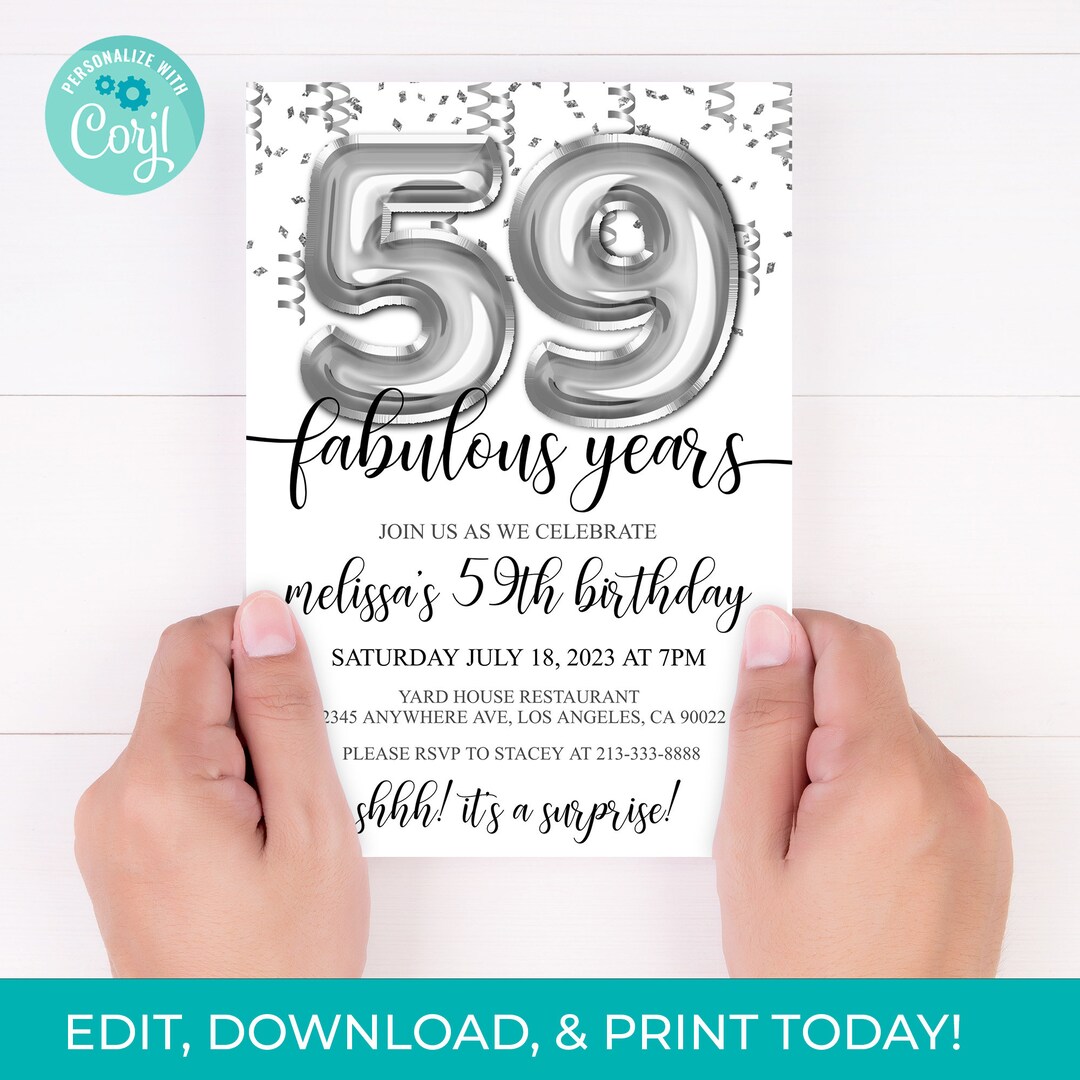 59th Birthday Editable Invitation 59th Invite Silver Balloons Party ...