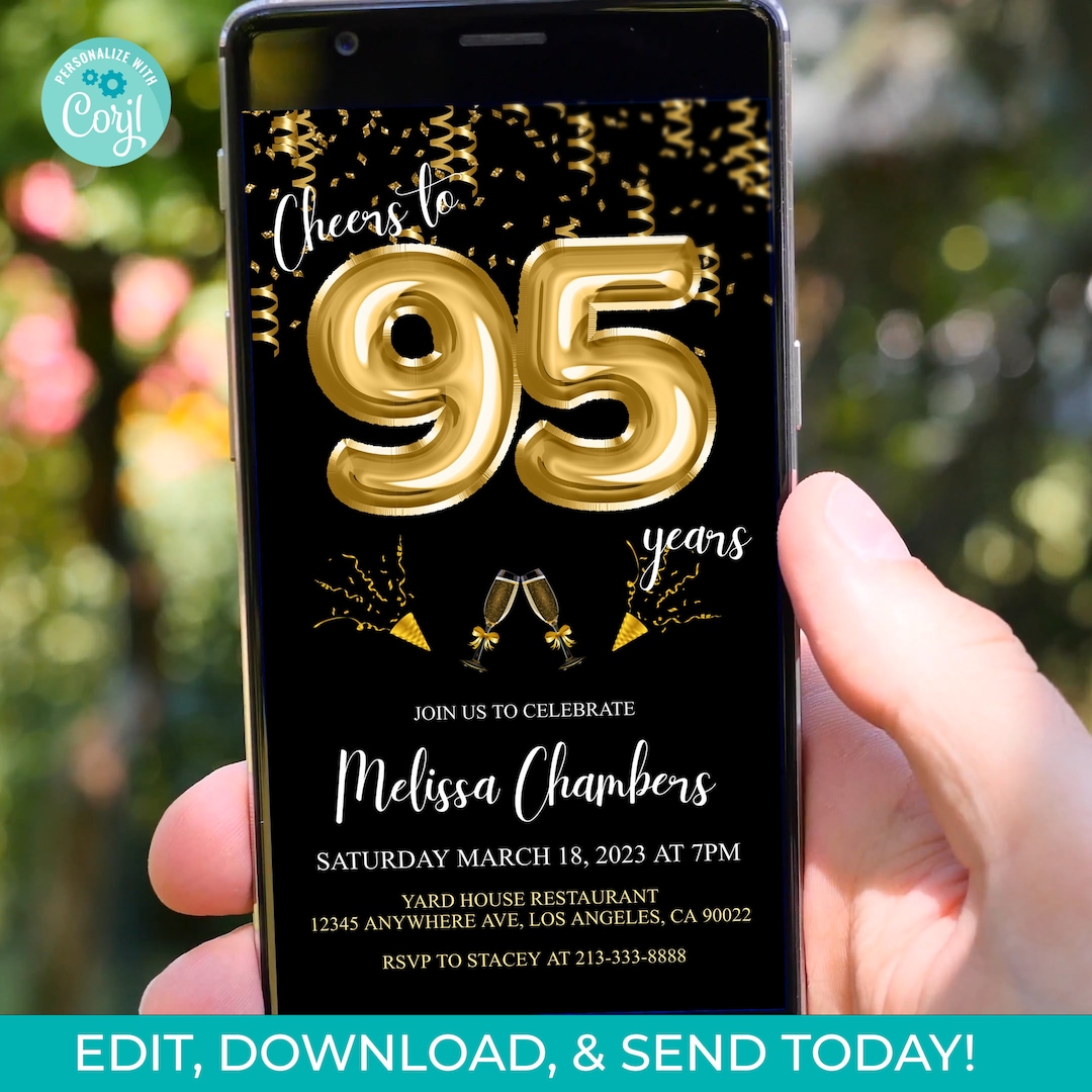 95th Birthday Invitation Editable 95th Invite Send Online Editable 95 ...