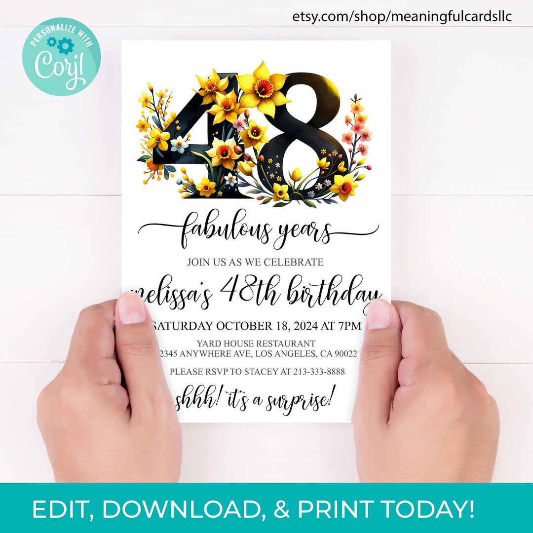 Editable Forty Eighth Birthday Invitation Template Print at Home ...
