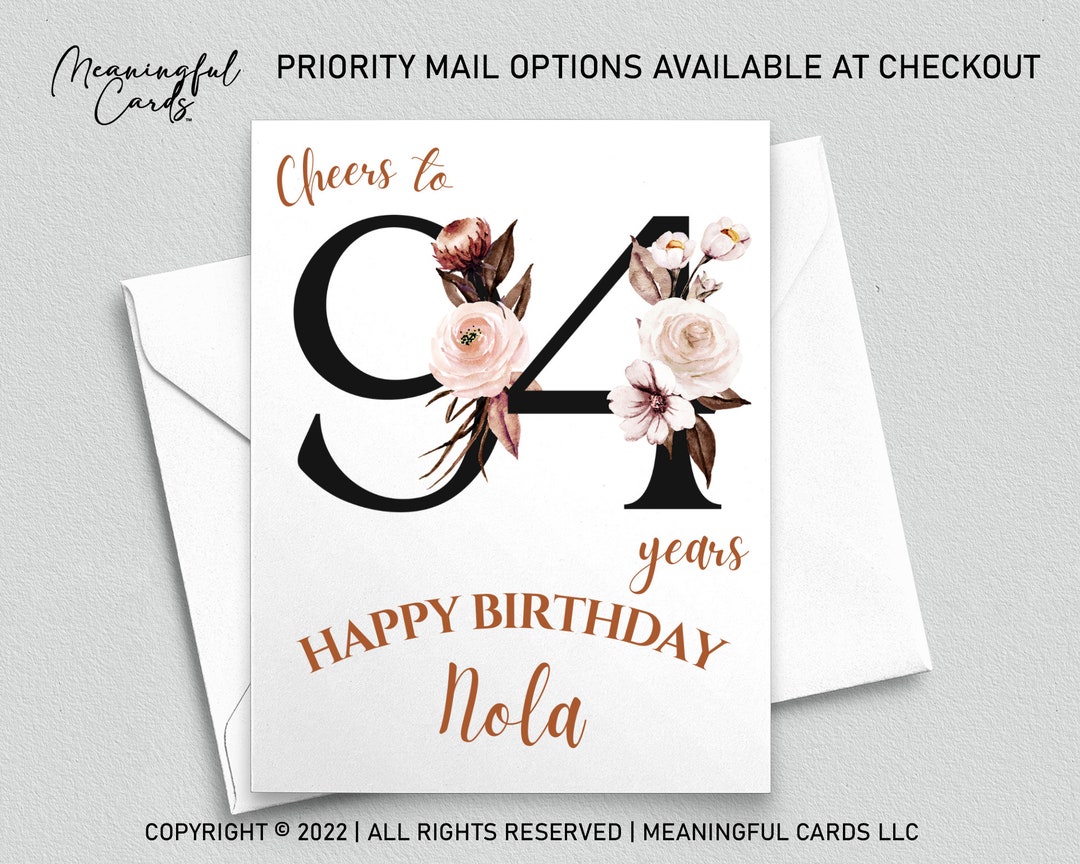 94th Birthday Card Personalized Birthday Card, Cheers to 94 Years ...