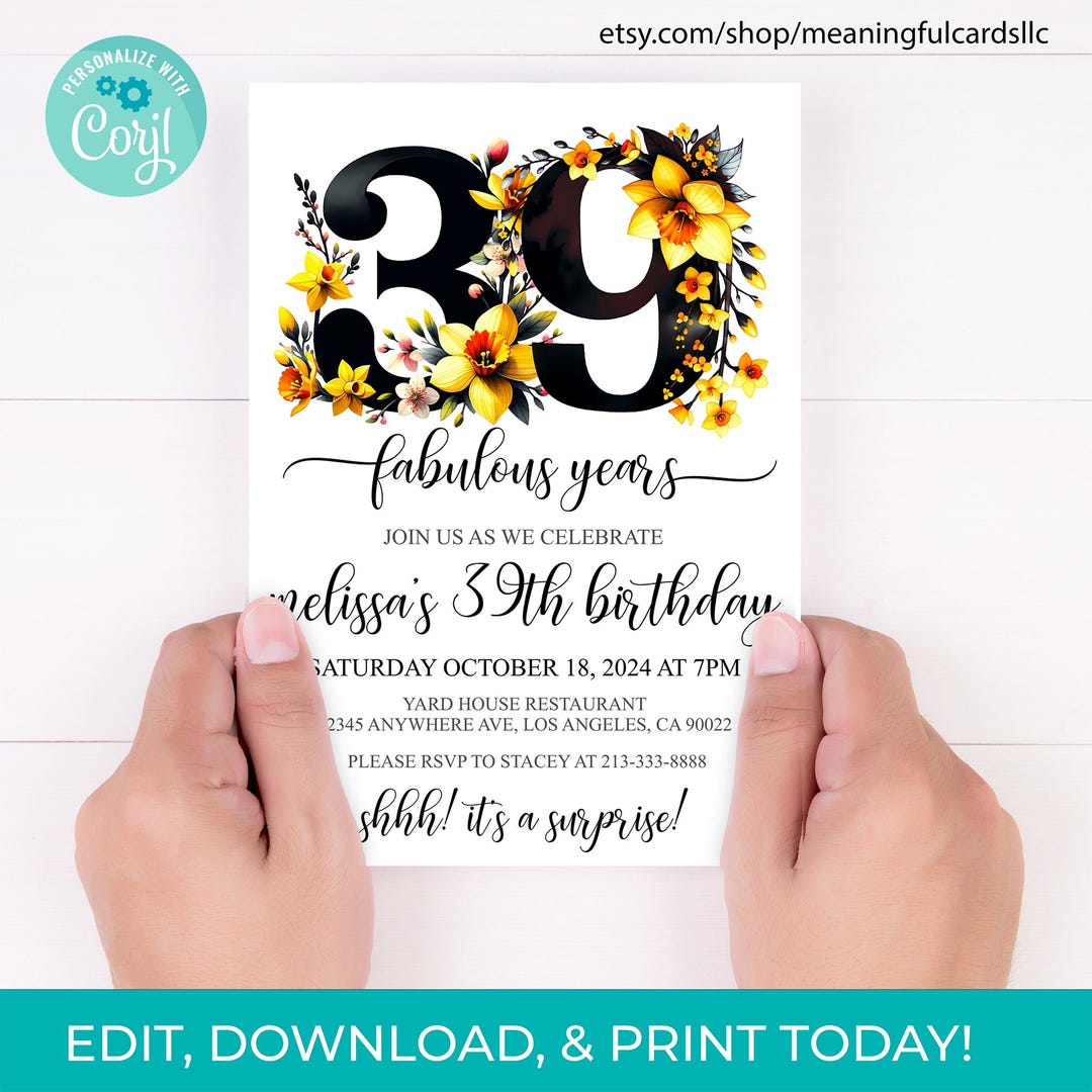 Floral 39th Birthday Invitation Template: Elegant Printable (digital ...