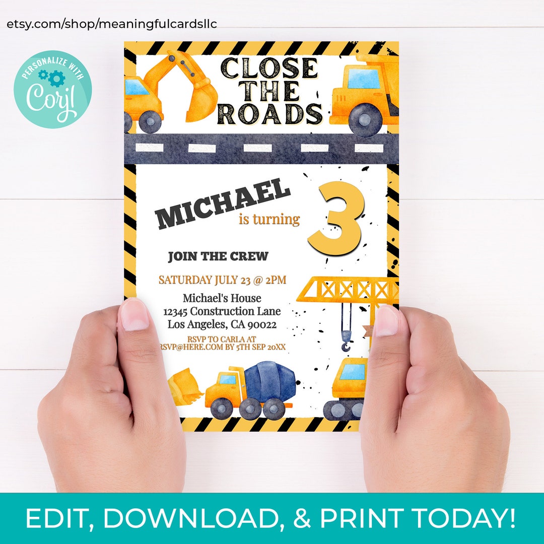 Editable Construction Birthday Invitation, Kids Party Invite ...