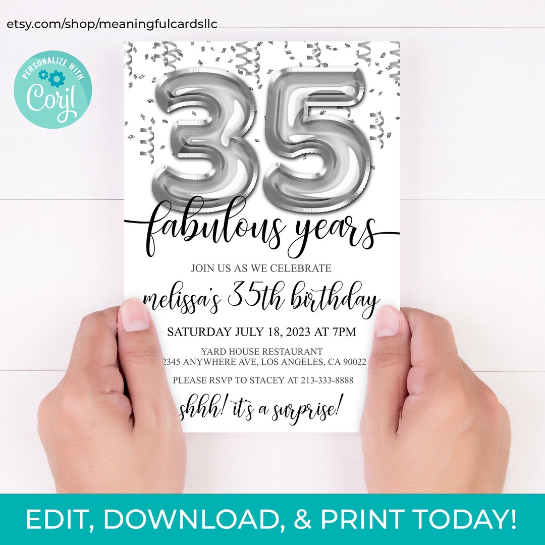 35th Birthday Editable Invitation 35th Invite Silver Balloons Party ...