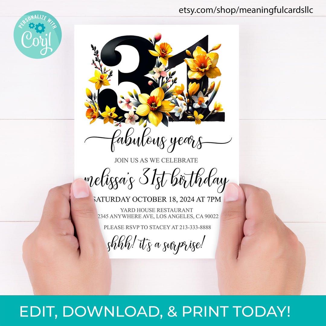 Editable Thirty First Birthday Invitation Template Print at Home ...