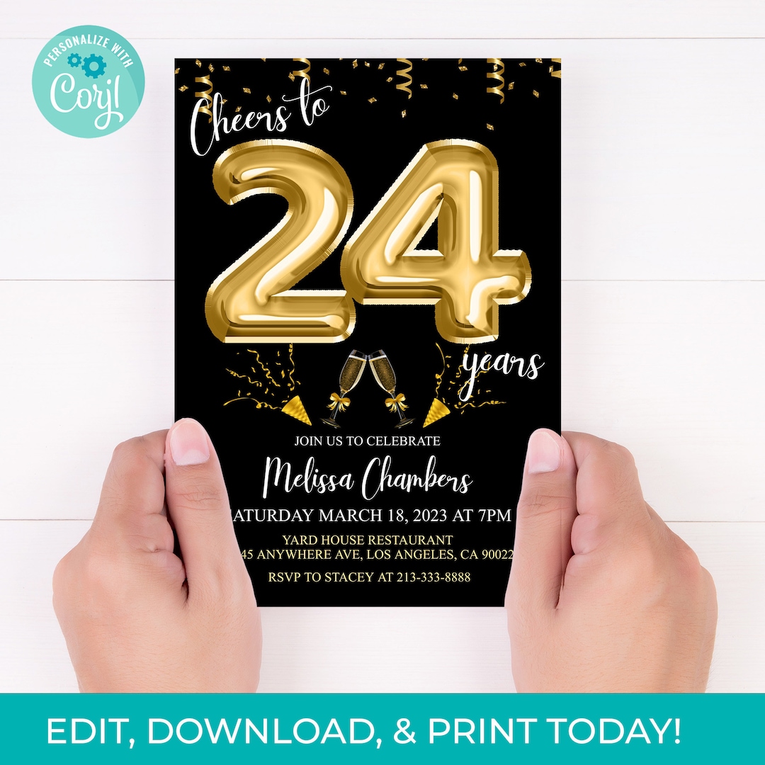 24th Birthday Invitation 24th Invite Black Gold Balloons Invitation ...