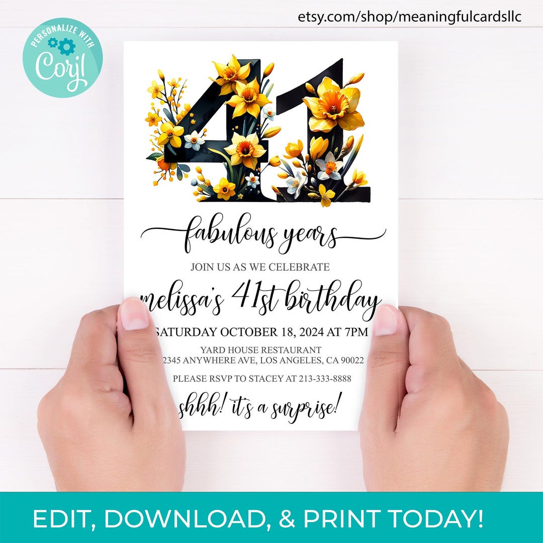 Editable Forty First Birthday Invitation Template Print at Home ...