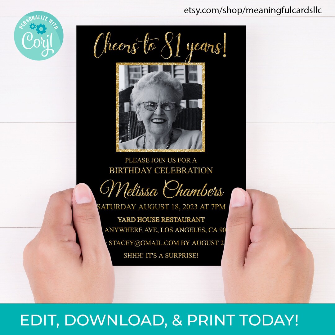 81st Birthday Invitation With Photo 81st Invite Black Gold Digital ...