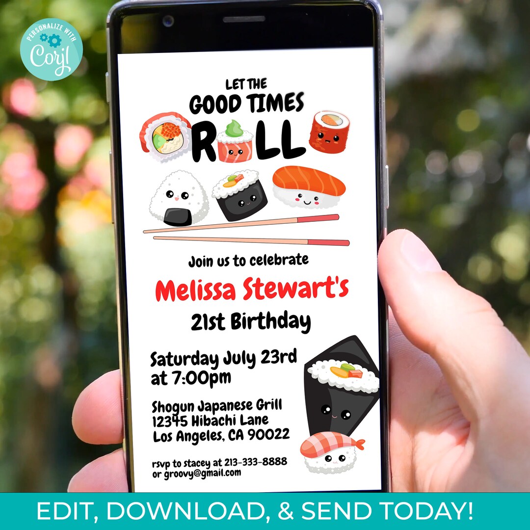 Editable Sushi Party Invitation, Cute Kawaii Cartoon Sushi Roll ...