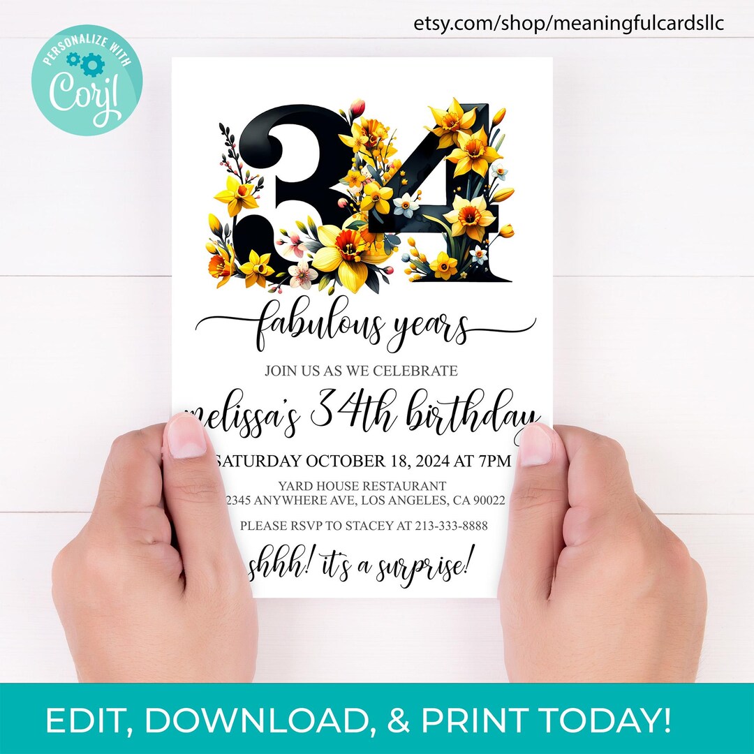 Editable Thirty Fourth Birthday Invitation Template Print at Home ...