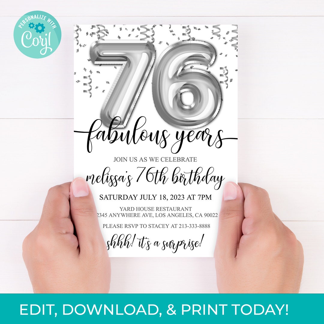 76th Birthday Invitation, Silver Balloons, Editable Template (digital ...