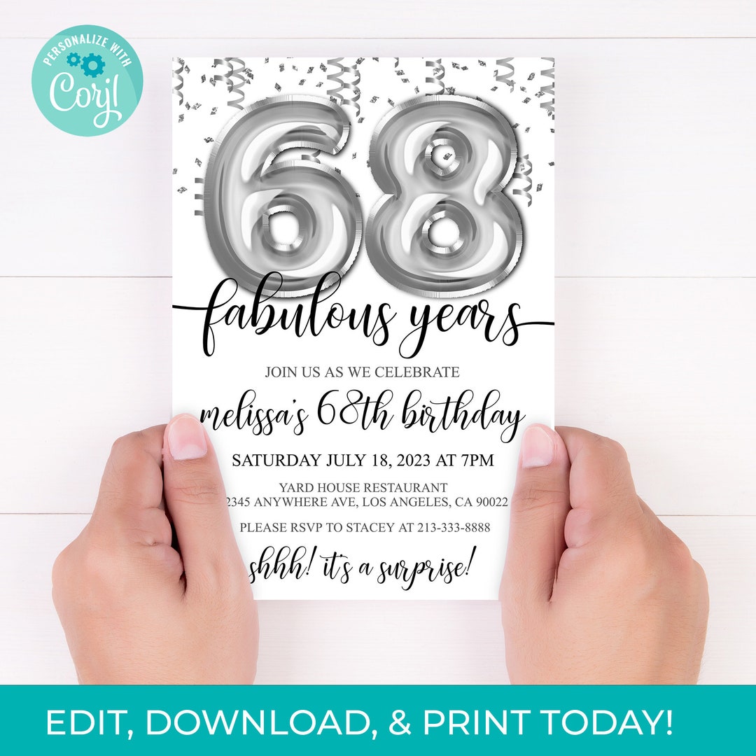 68th Birthday Editable Invitation 68th Invite Silver Balloons Party ...