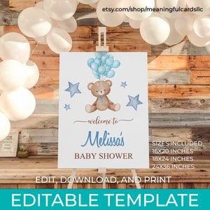 Editable Teddy Bear Blue Baby Shower Welcome Sign, Bear Themed Baby ...