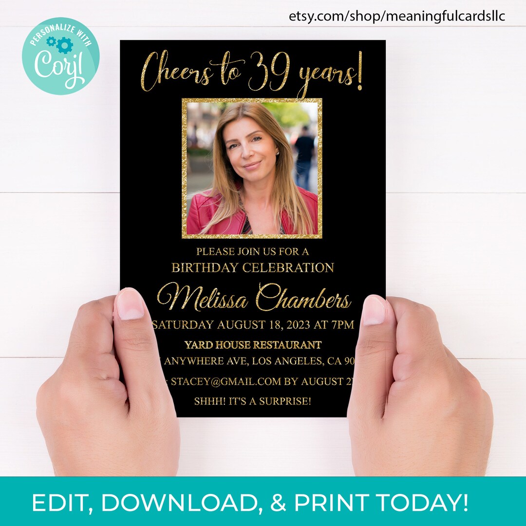 39th Birthday Invitation With Photo 39th Invite Black Gold Digital ...