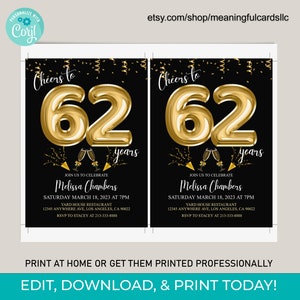 62nd Birthday Invitation 62nd Invite Black Gold Balloons Invitation ...