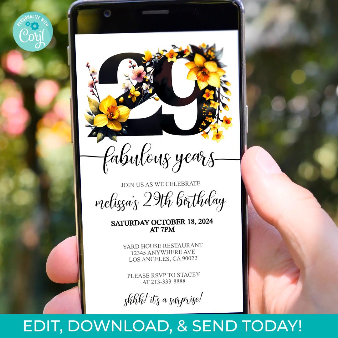 Editable 29th Birthday Invitation Template: Floral Design (digital ...
