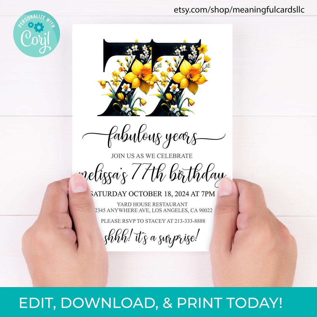 Editable Seventy Seventh Birthday Invitation Template Print at Home ...