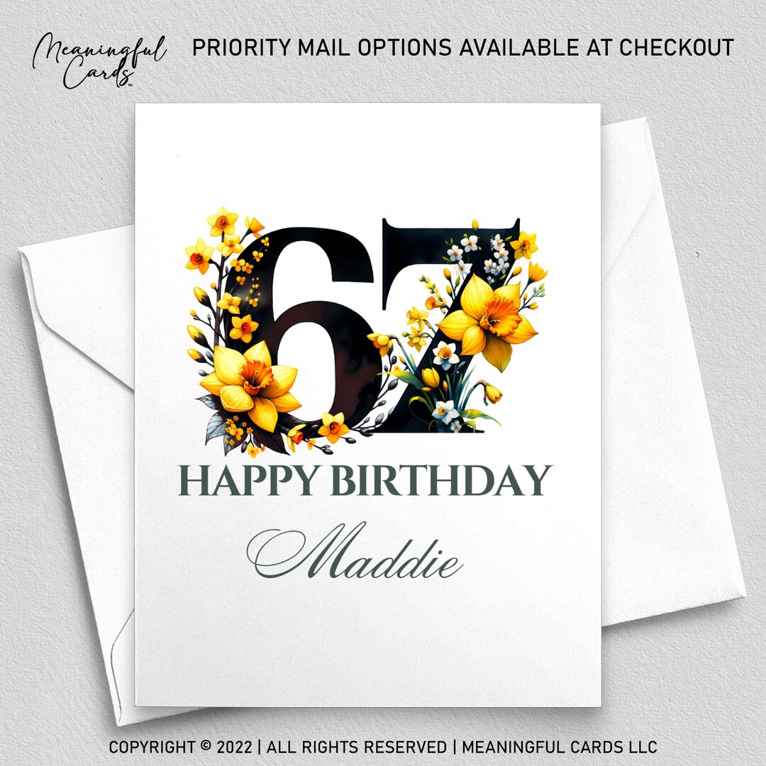 Personalized 67th Birthday Card Floral Design, Customized Sixty Seventh ...