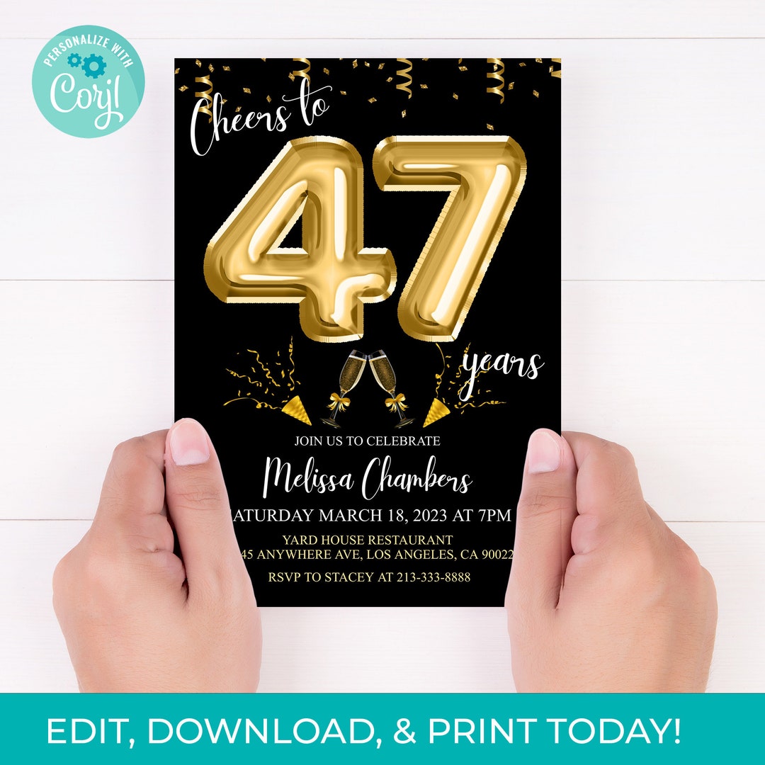 47th Birthday Invitation 47th Invite Black Gold Balloons Invitation ...