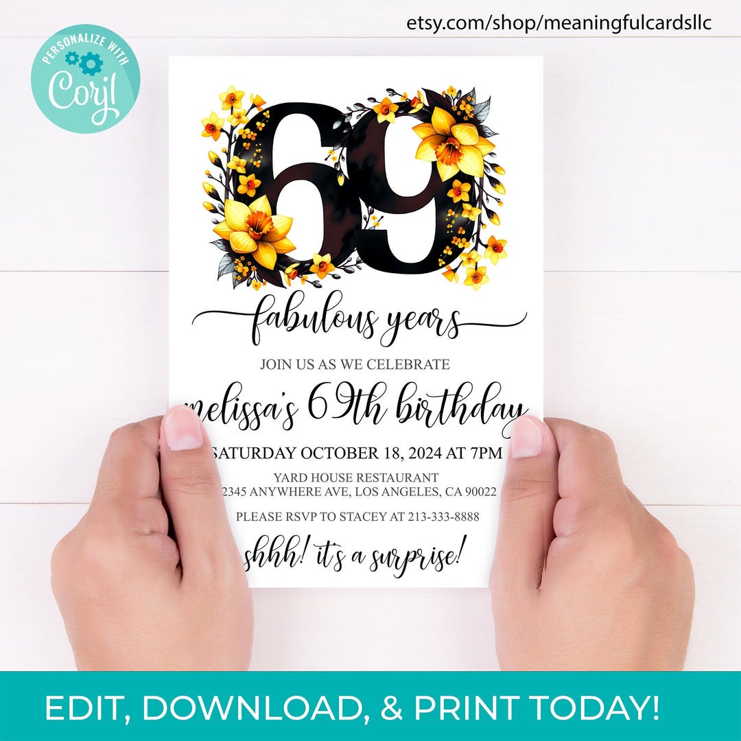 Editable Sixty Ninth Birthday Invitation Template Print at Home ...
