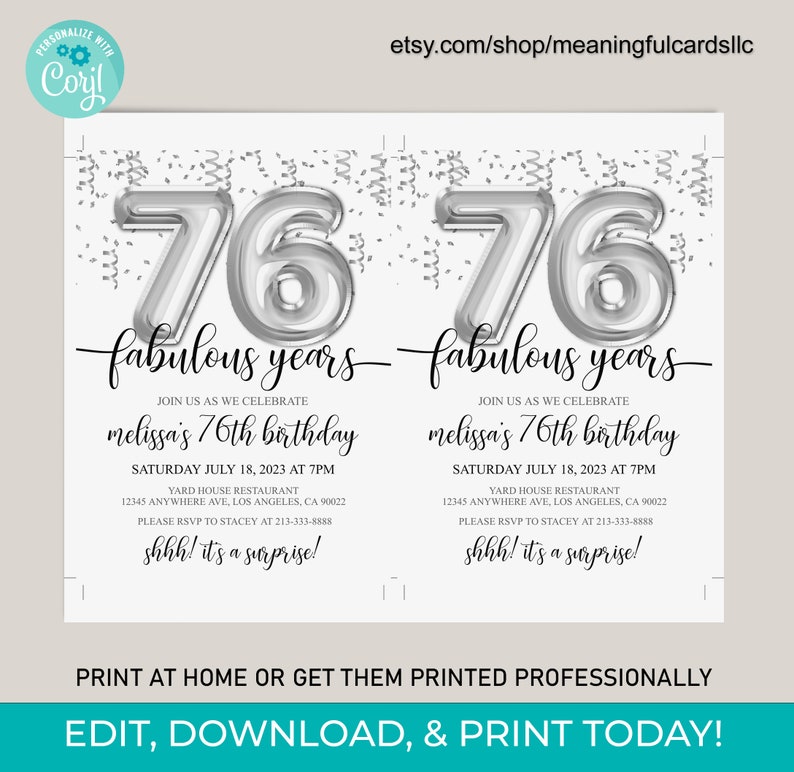 76th Birthday Invitation, Silver Balloons, Editable Template (digital ...