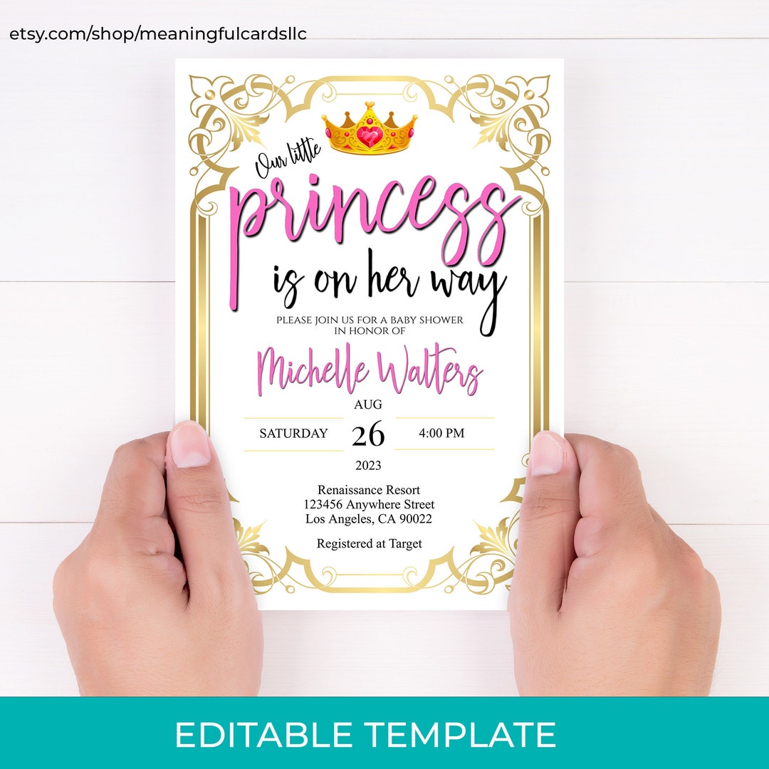 EDITABLE Princess Baby Shower Invitation, Crown Pink and Gold Girl ...