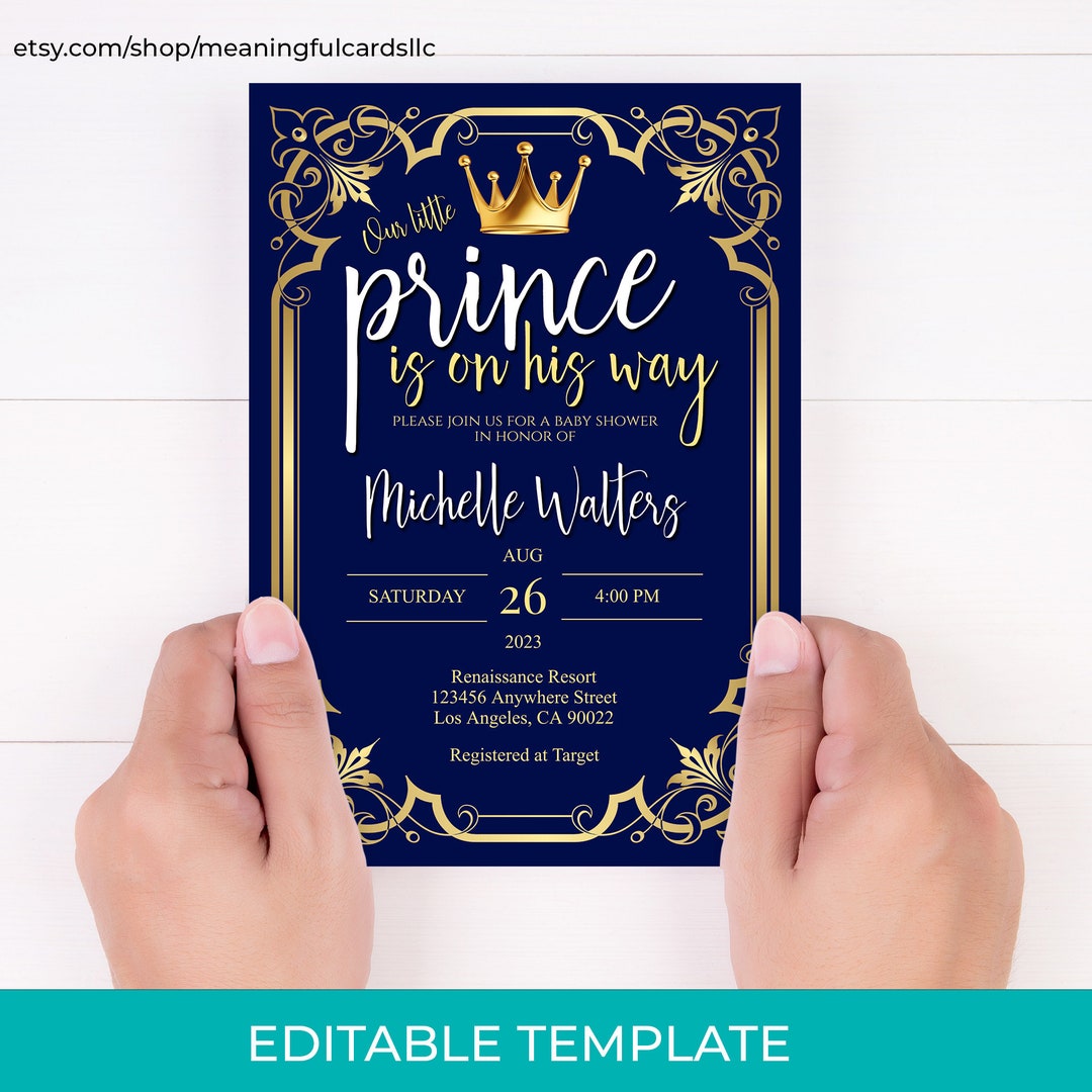 Editable Prince Baby Shower Invitation, Crown Navy and Gold Boy Invite ...