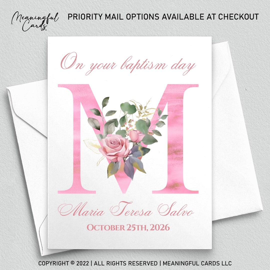Personalized Baptism Day Card for Girls With Pink Floral Letters With ...