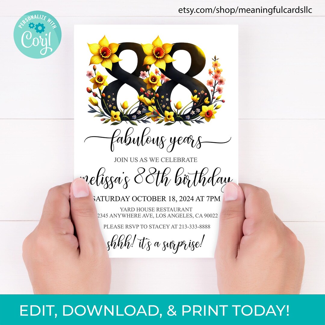 Editable Eighty Eighth Birthday Invitation Template Print at Home, Elegant Floral Printable 88th ...
