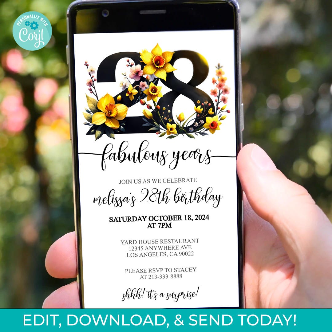 Editable 28th Birthday Invitation Template: Floral Design (digital ...