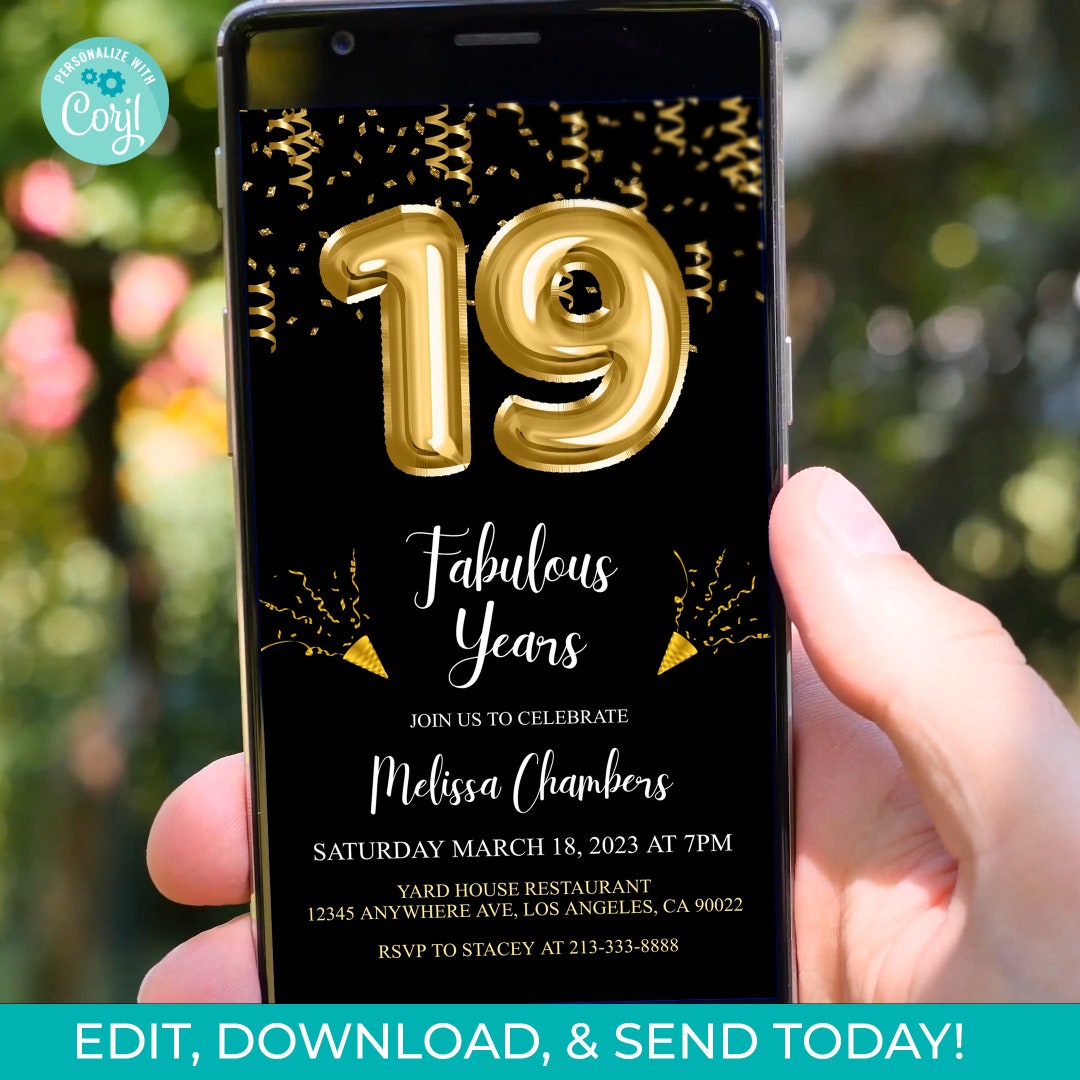 19th Birthday Invitation Editable 19th Invite Send Online, 19 and ...