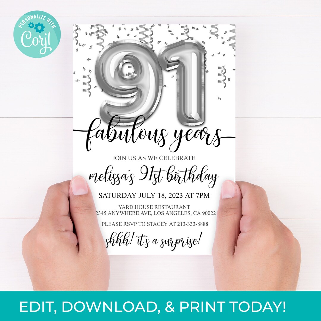 91st Birthday Invitation, Silver Balloons, Editable Template (digital ...