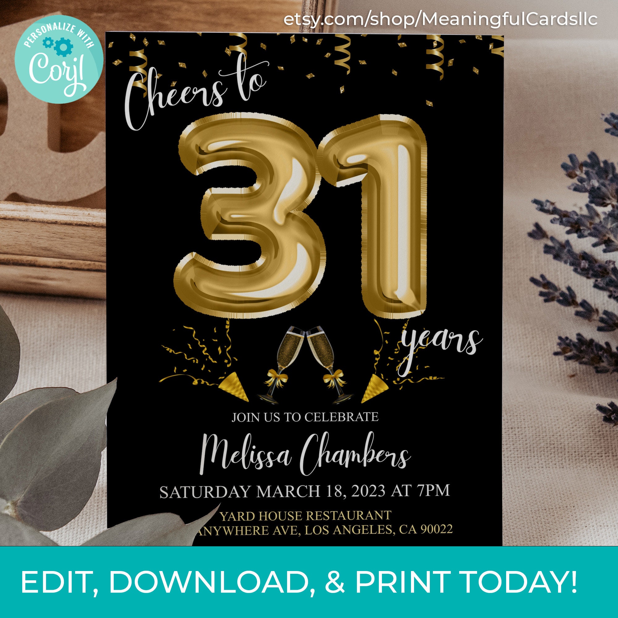 31st Birthday Invitation, Black Gold Balloons, Editable Printable ...